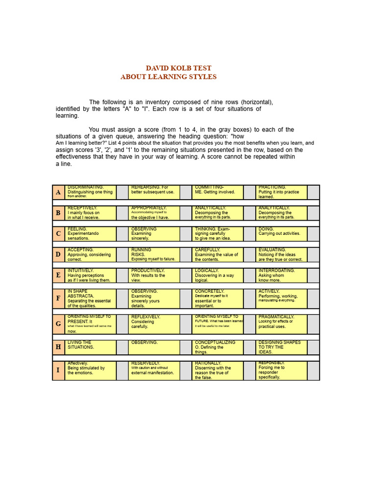 Kolb Test A | PDF | Learning Styles | Reason