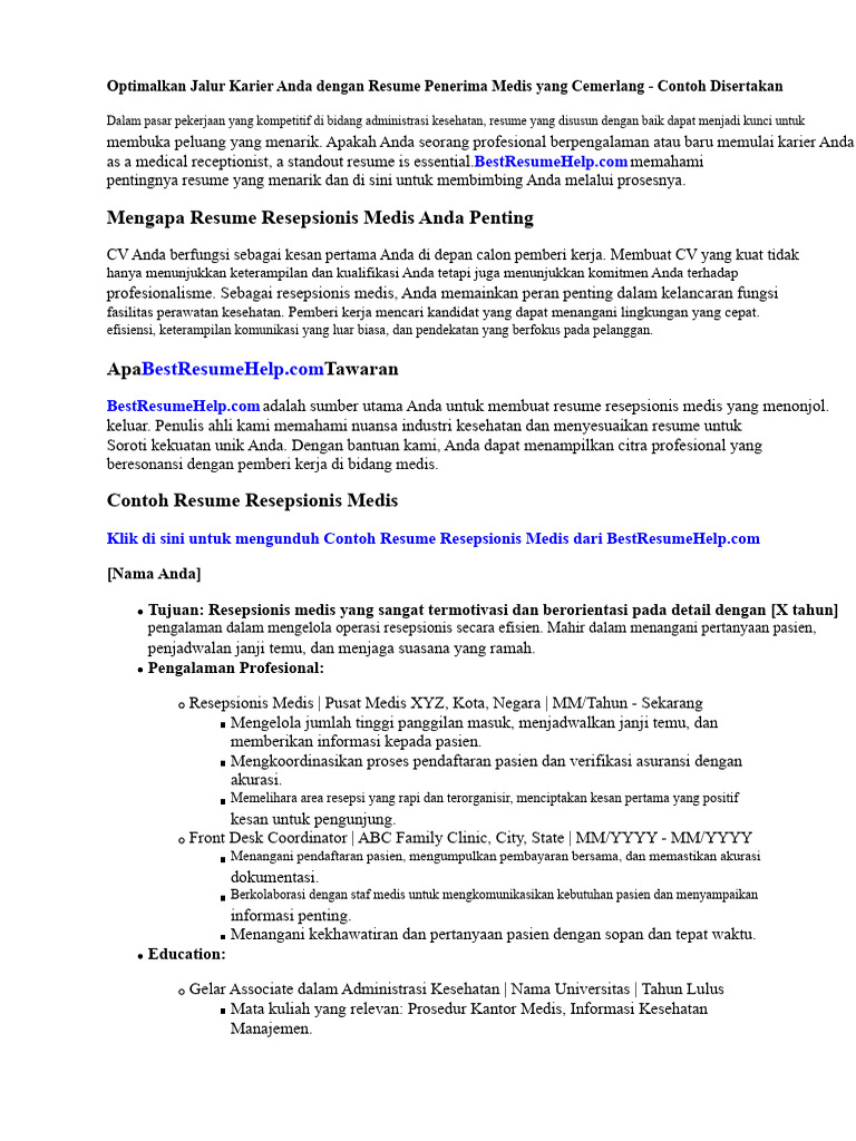 Contoh Resume Resepsionis Medis | PDF