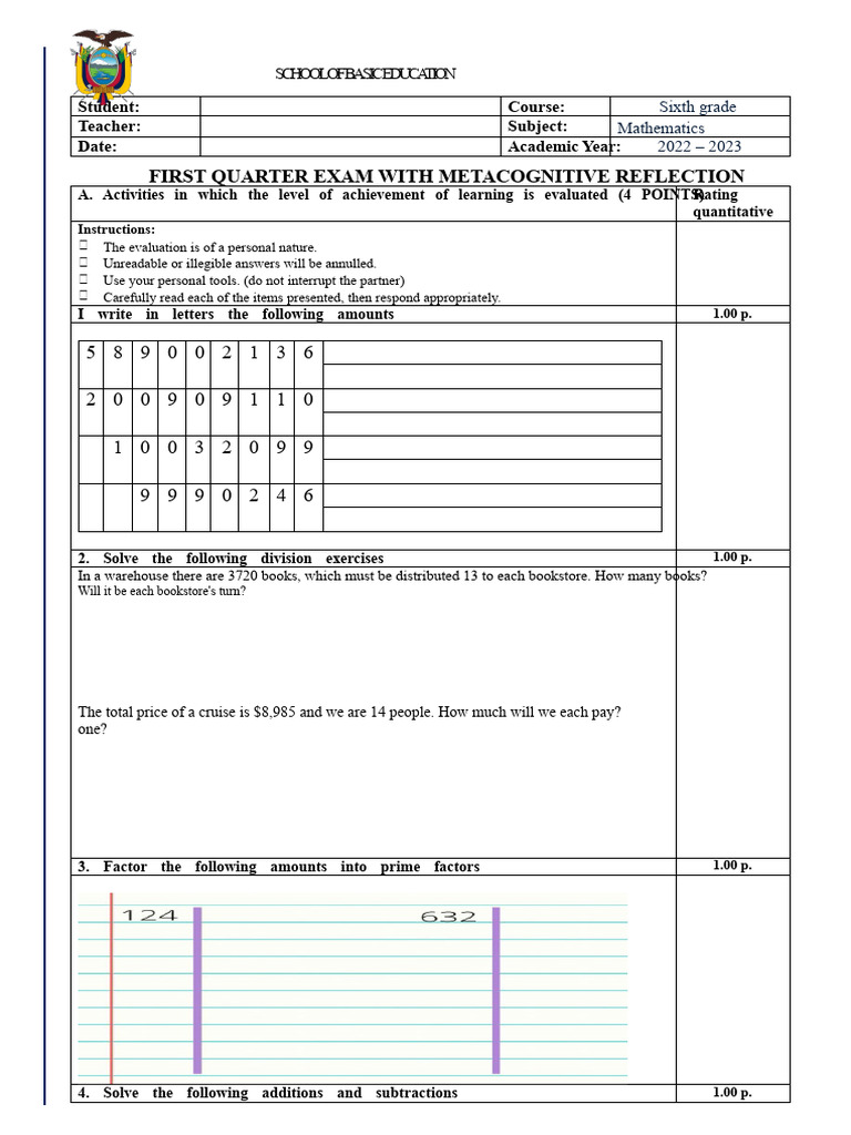 Sixth Grade Exams with Reflection | PDF | Metacognition | Cognition