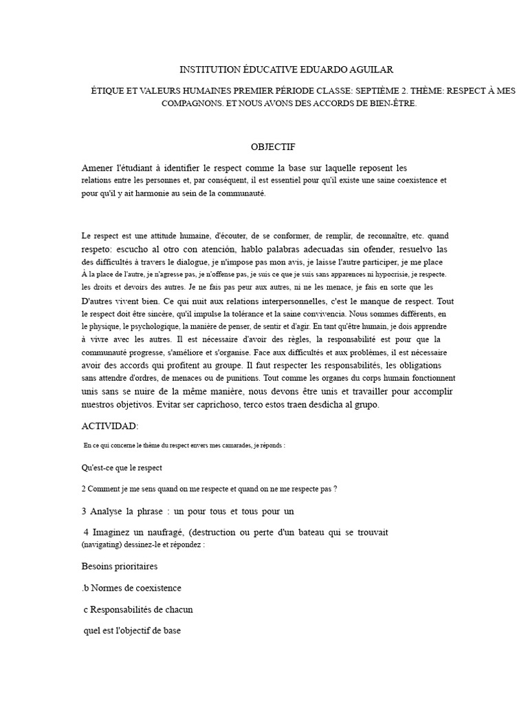 Respect et valeurs humaines en classe | PDF