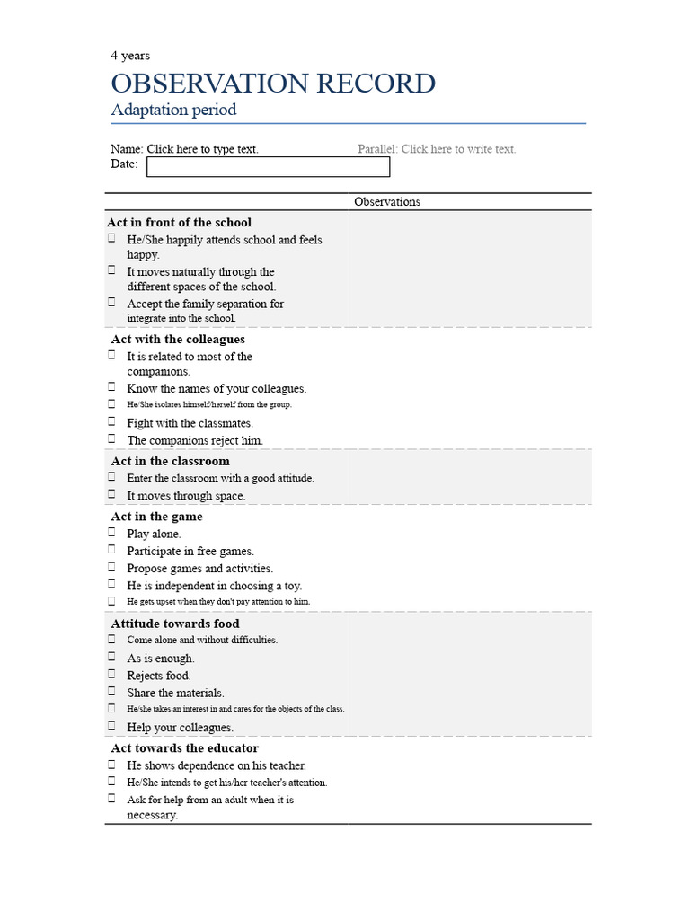 Student Adaptation Observation Record | PDF