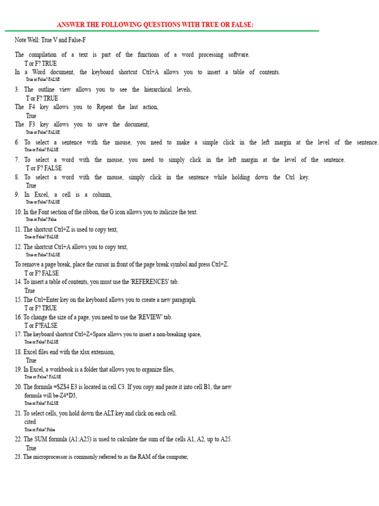 TRUE or FALSE | PDF | Microsoft Excel | Computer Keyboard