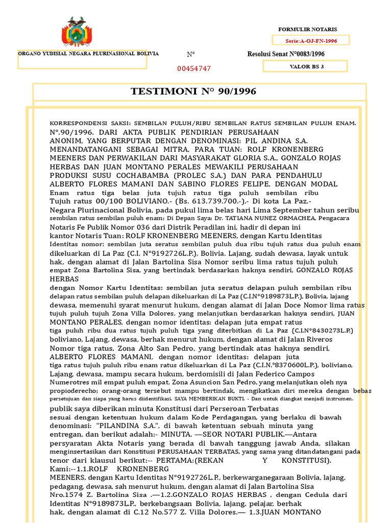 Akta Pendirian Perusahaan Pil Andina S.A. | PDF