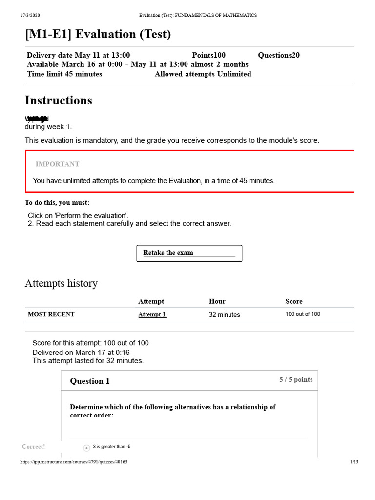 (M1-E1) Evaluation (Test) - FUNDAMENTALS OF MATHEMATICS Sebastian Lira ...
