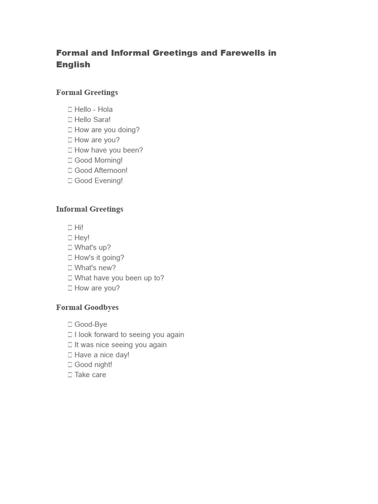 Formal and Informal Greetings and Goodbyes in English | PDF