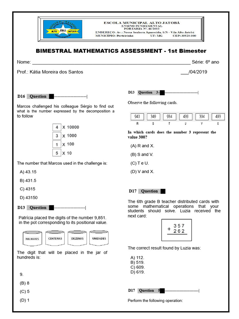 Bimonthly Mathematics Assessment - 6th Grade | PDF | Mathematics