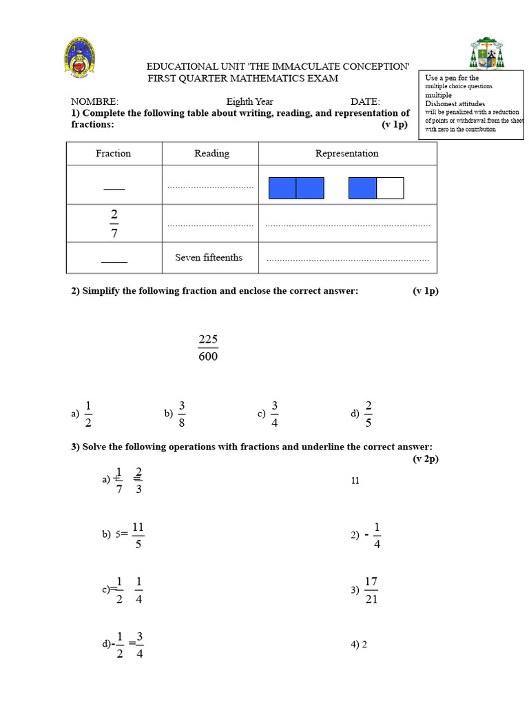 Eighth Grade First Semester Exam | PDF | Mathematics