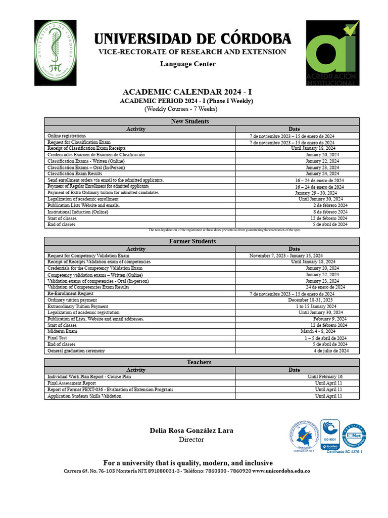Academic Calendar Phase I Weekly Semester I 2024. | PDF | Academic Term ...