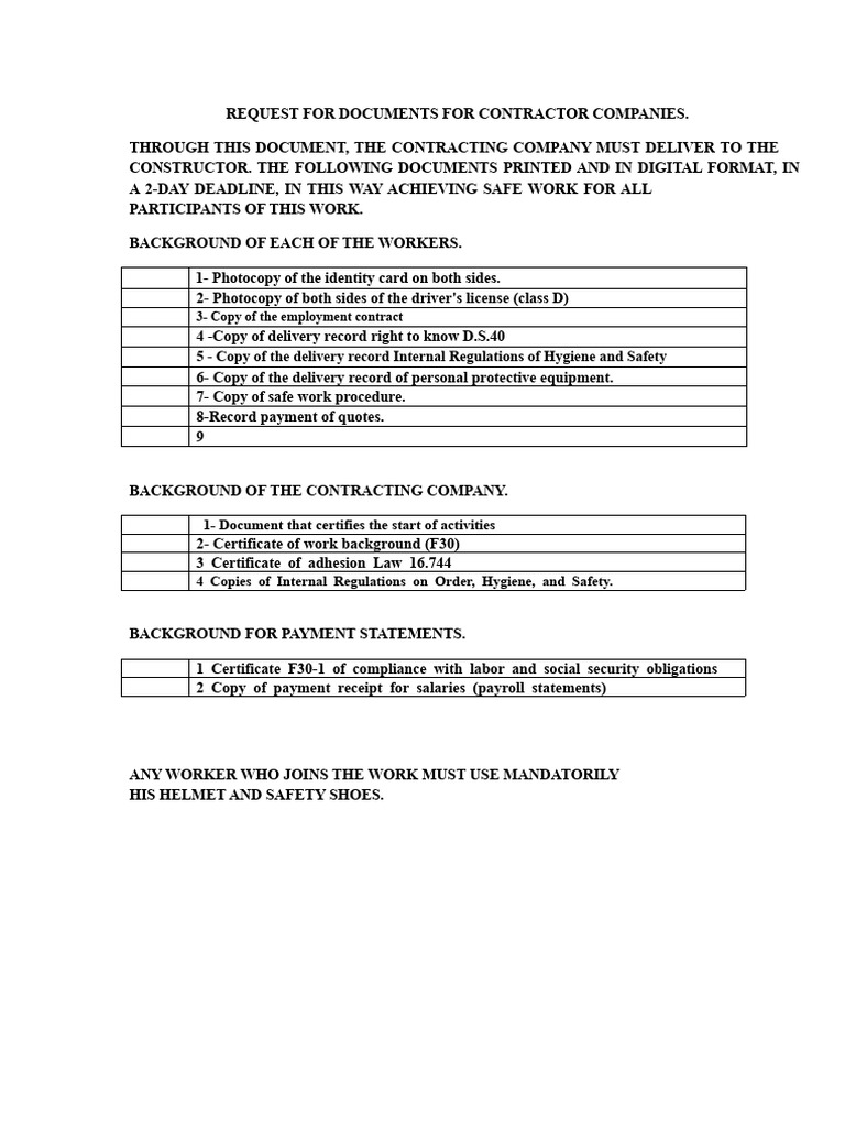 Contractor Document Submission Checklist | PDF