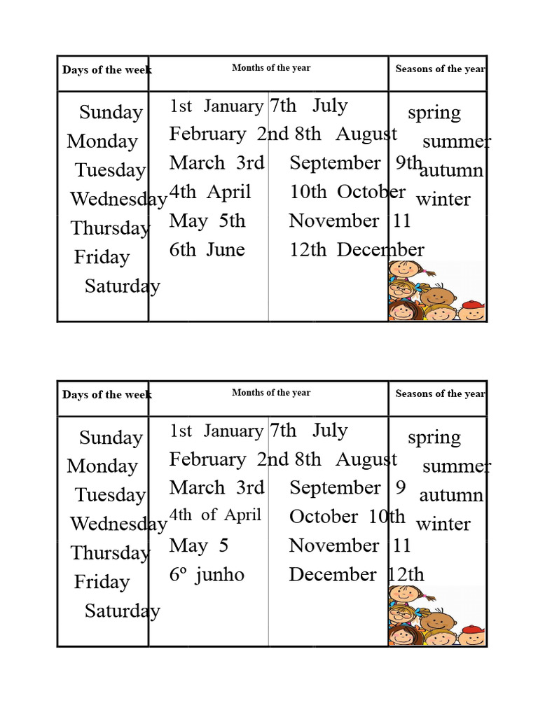 Days of The Week - Months of The Year - Seasons of The Year | PDF