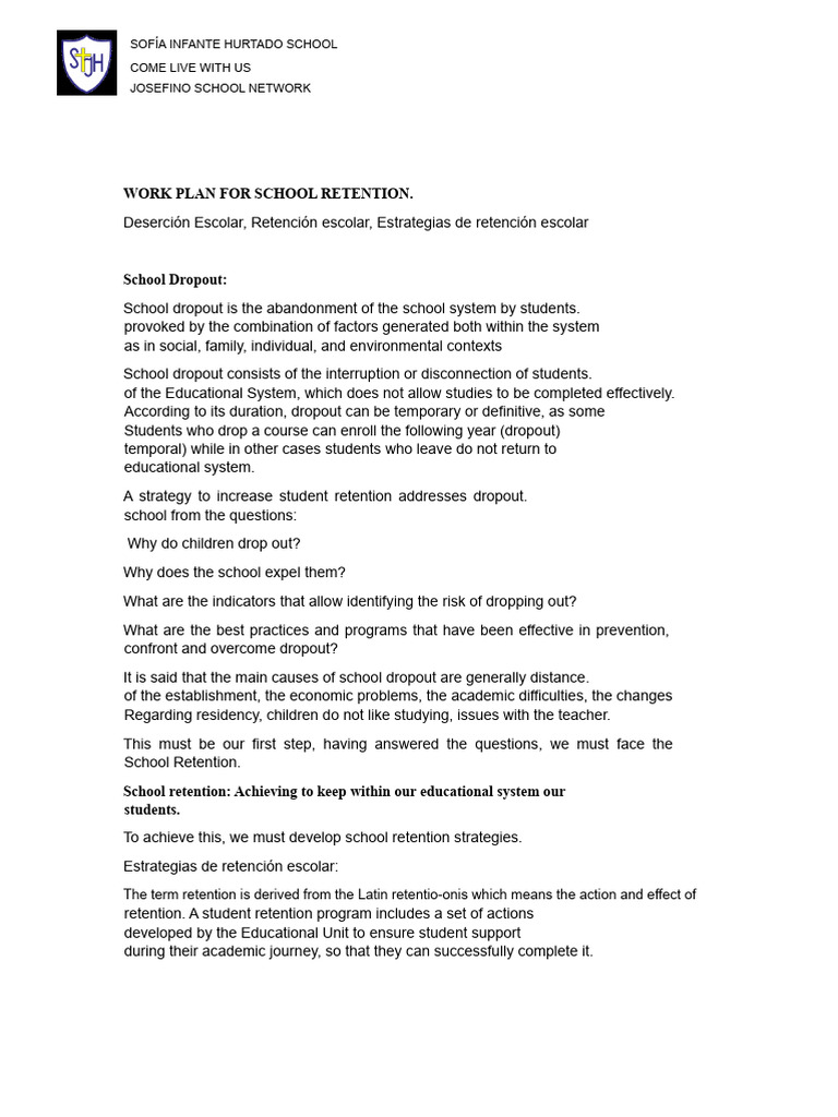 Work Plan For School Retention | PDF | Curriculum | Learning