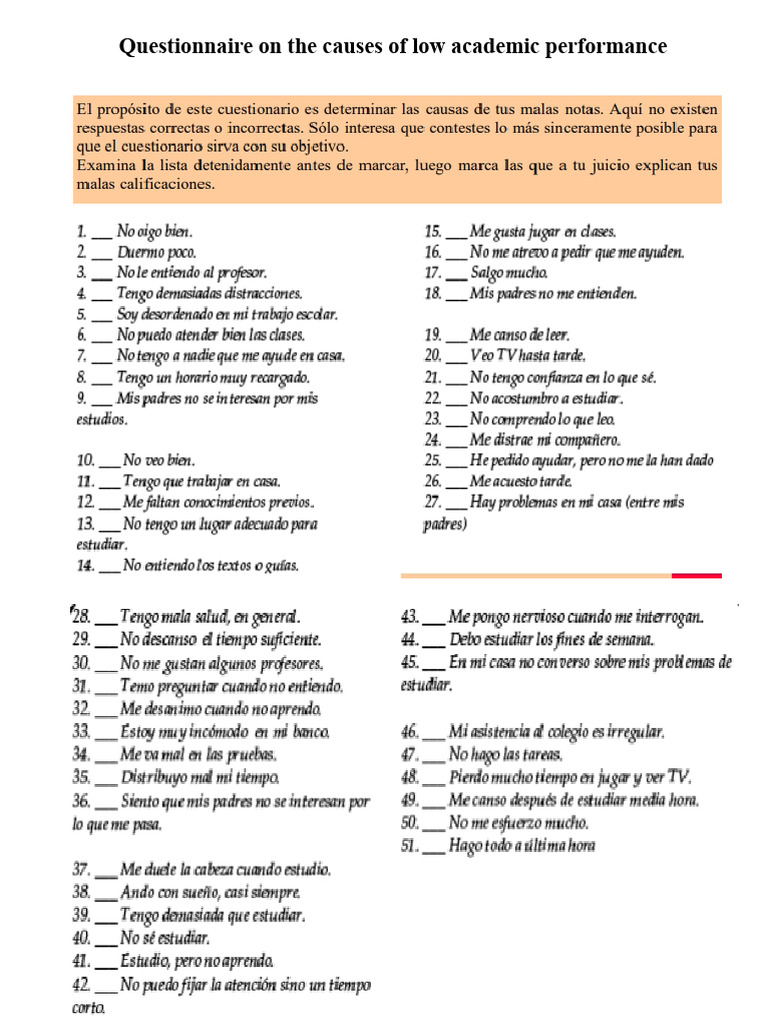 Questionnaire About The Causes of Low Academic Performance | PDF