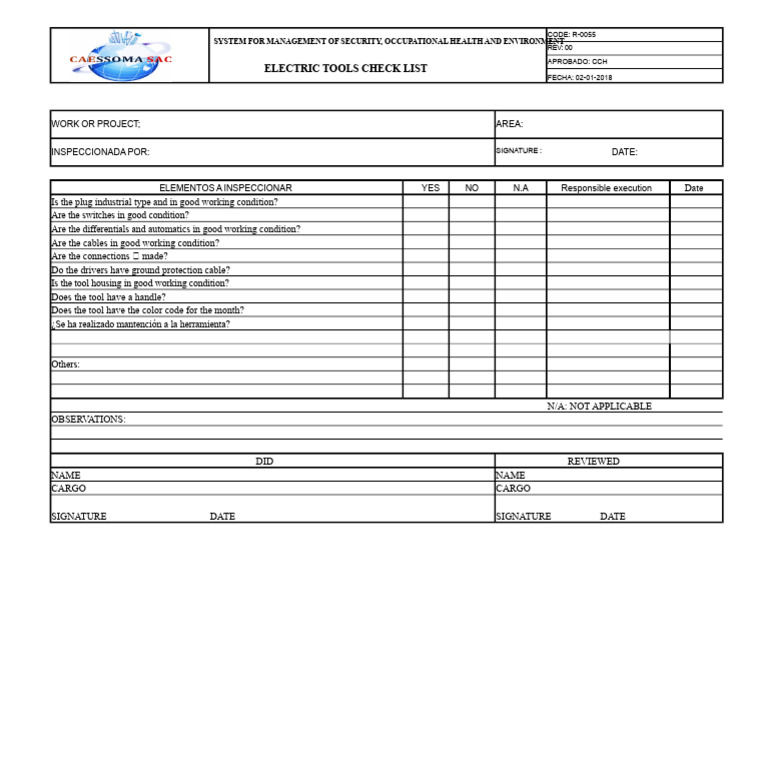 Electric Tools Inspection Checklist | PDF
