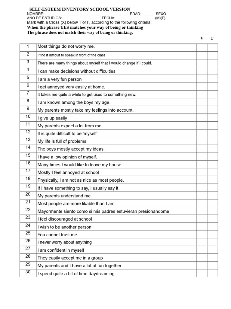 School Self-Esteem Inventory Tool | PDF | Self Esteem