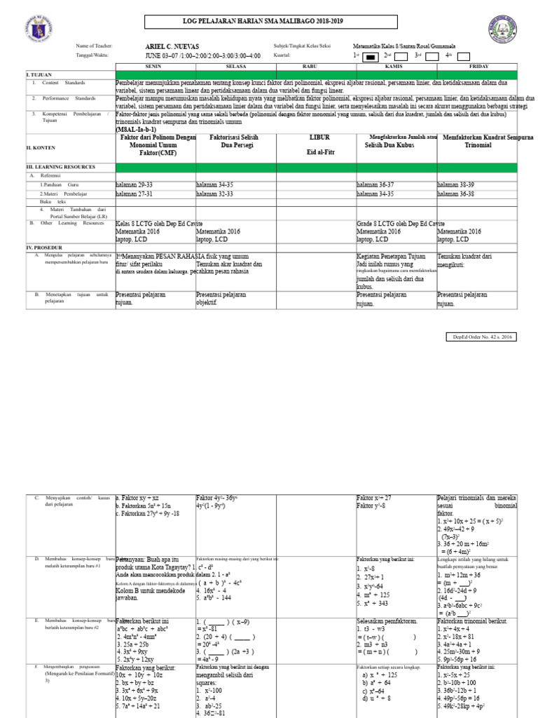 DLL Matematika 8 Kuartal 1 Minggu 1 | PDF