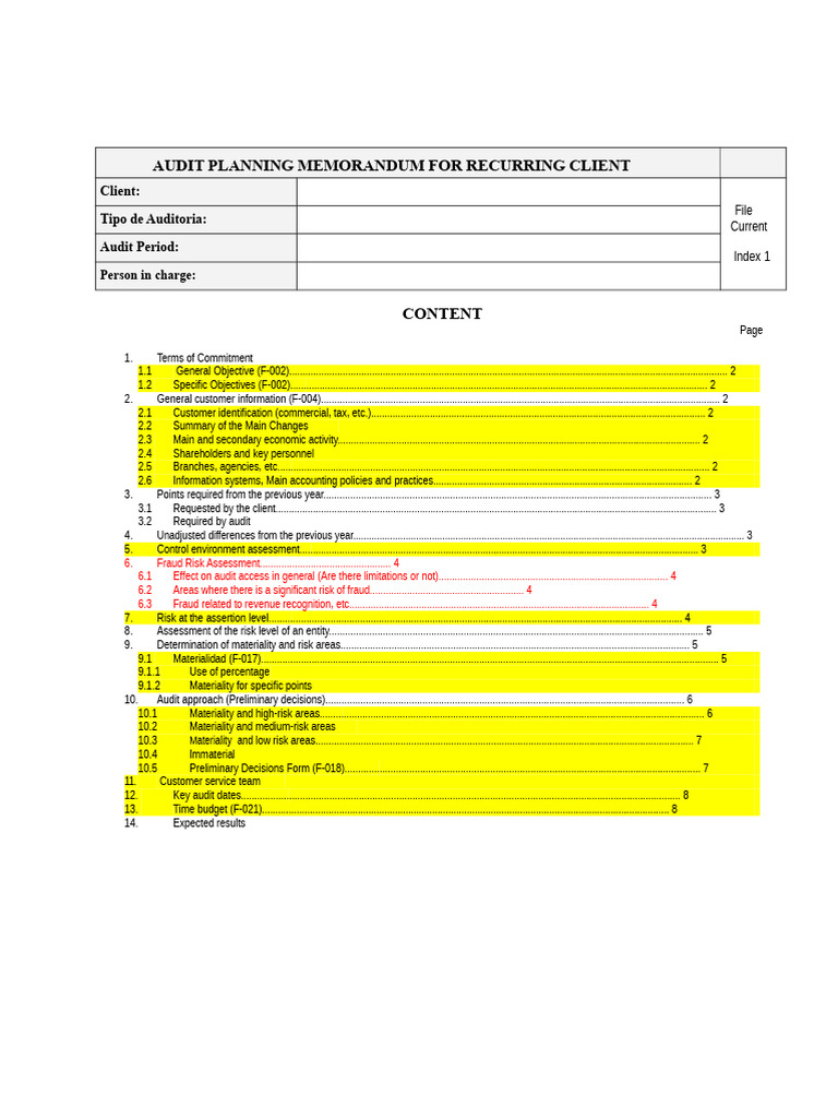 Planning Memorandum - Recurring Client | PDF | Audit | Equity (Finance)