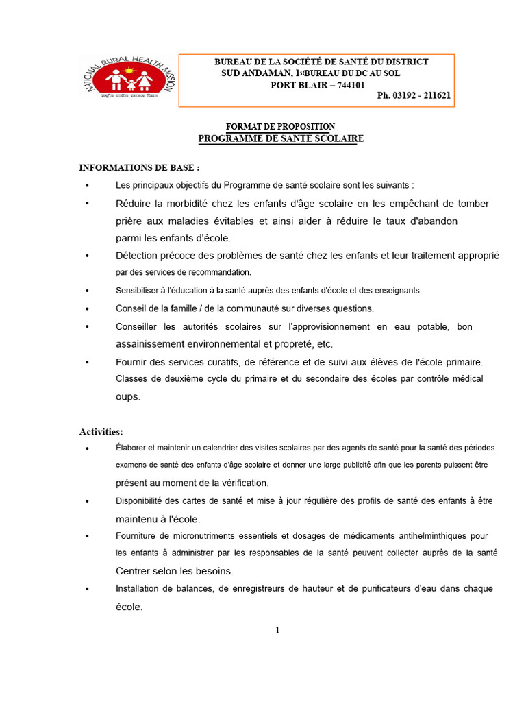 Format de Proposition Pour Le Programme de Santé Scolaire | PDF | Budget