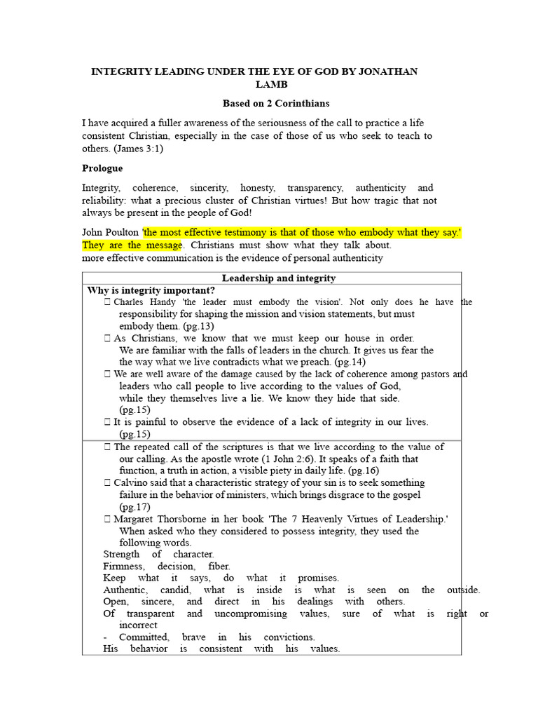 INTEGRITY LEADING UNDER THE EYE OF GOD BY JONATHAN LAMB | PDF ...