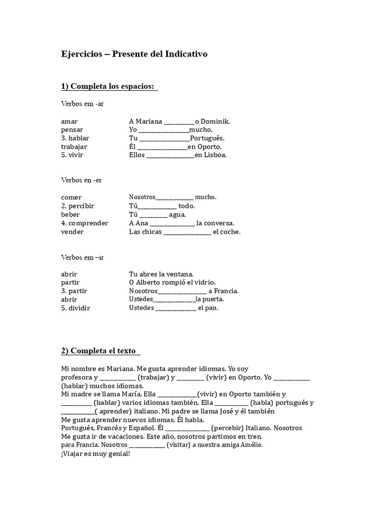Ejercicios - Presente de Indicativo | PDF