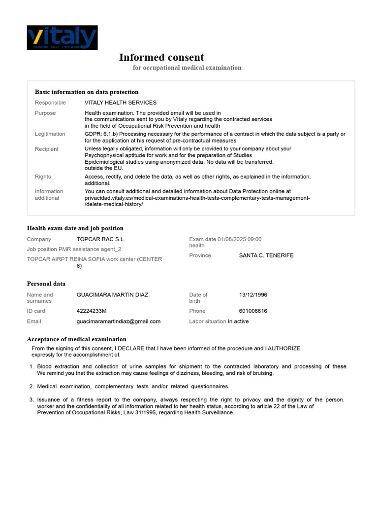 Occupational Health Exam Consent Form | PDF | Information Privacy | Justice
