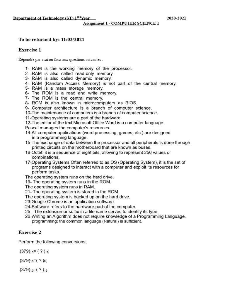 Assignment 1 - Computer Science 1 | PDF | Random Access Memory ...