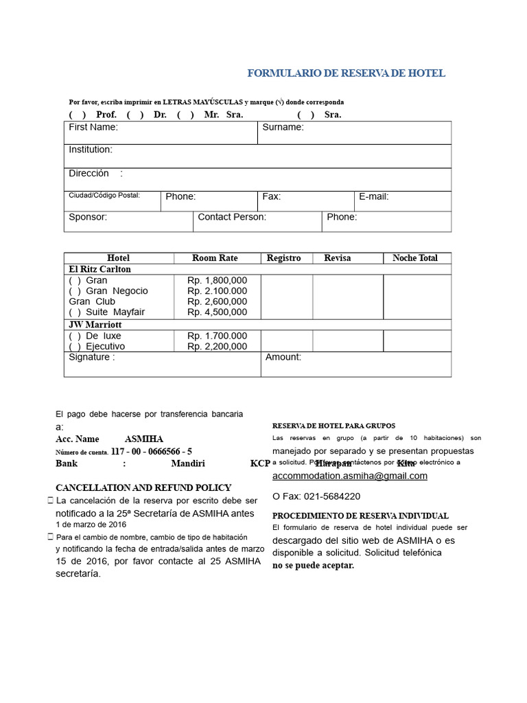 Formulario de Reserva de Hotel | PDF | Industrias de servicio