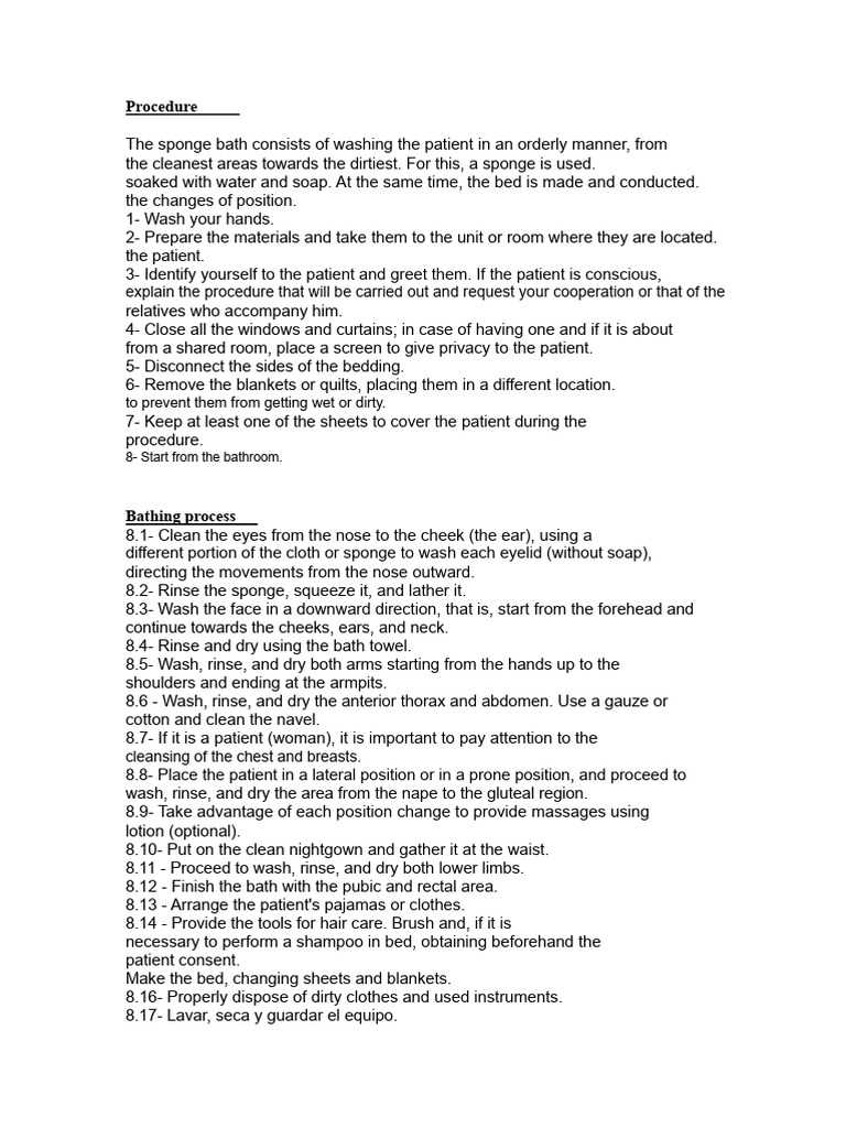 Procedure For Sponge Bath | PDF