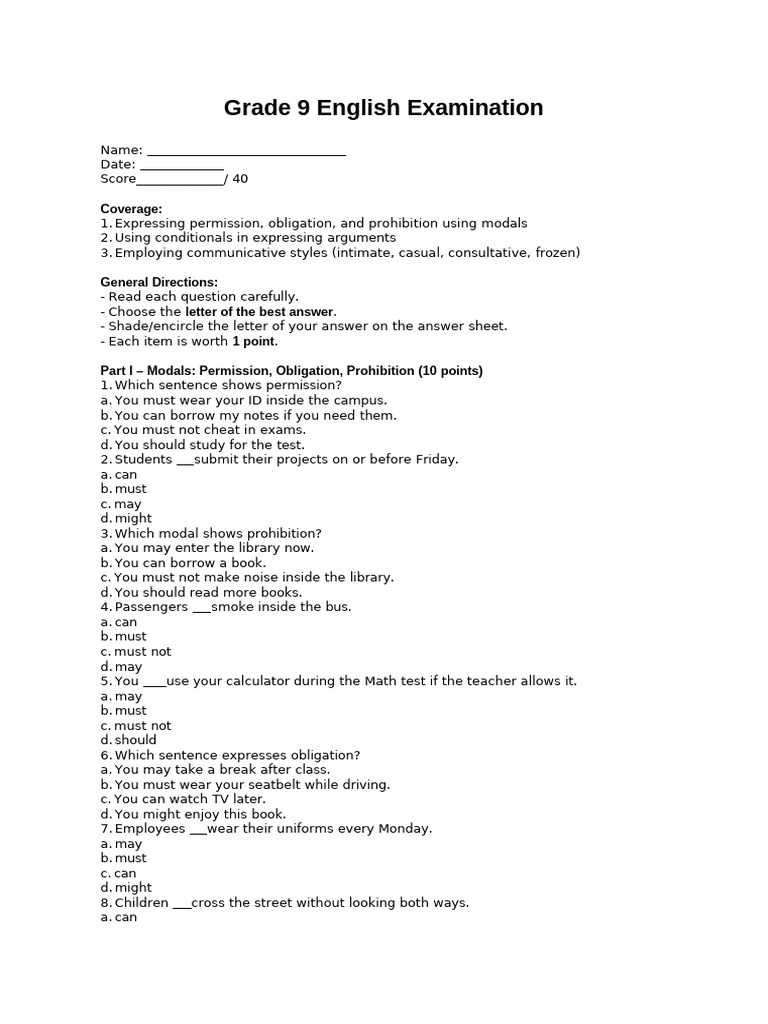 Grade 9 English Exam: Modals & Styles | PDF