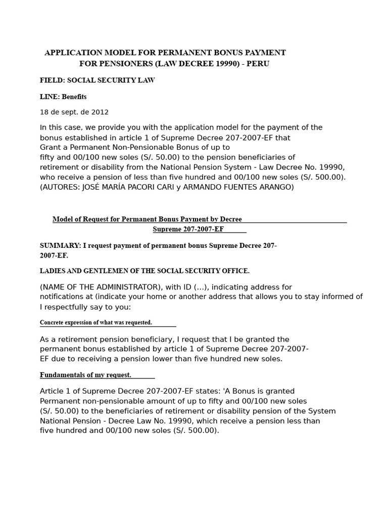 Model of Request For Permanent Bonus Payment For Pensioners | PDF
