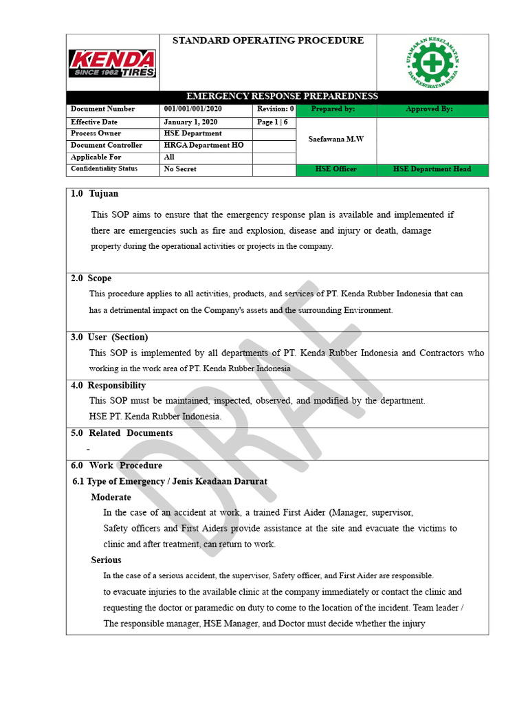 Sop Emergency Response Plan | PDF | Emergency | First Aid