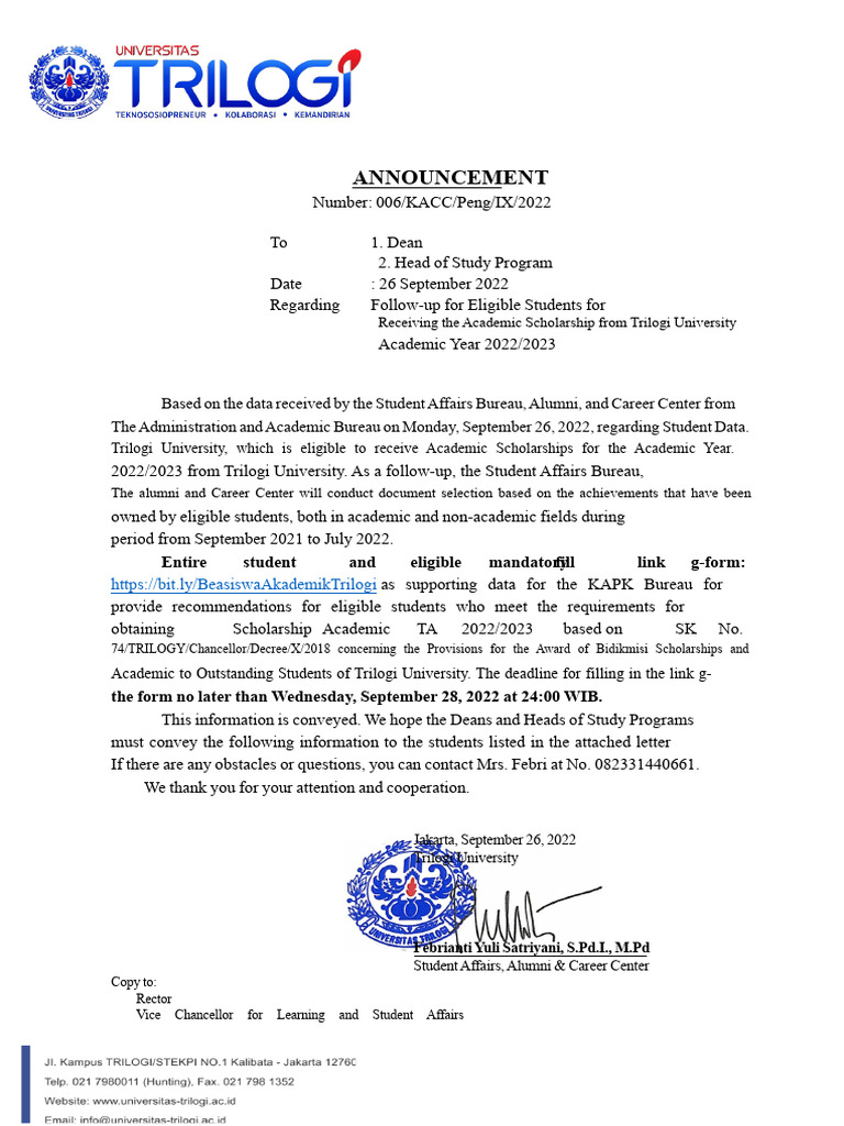 Trilogi University Academic Scholarships 2022 | PDF | Communication
