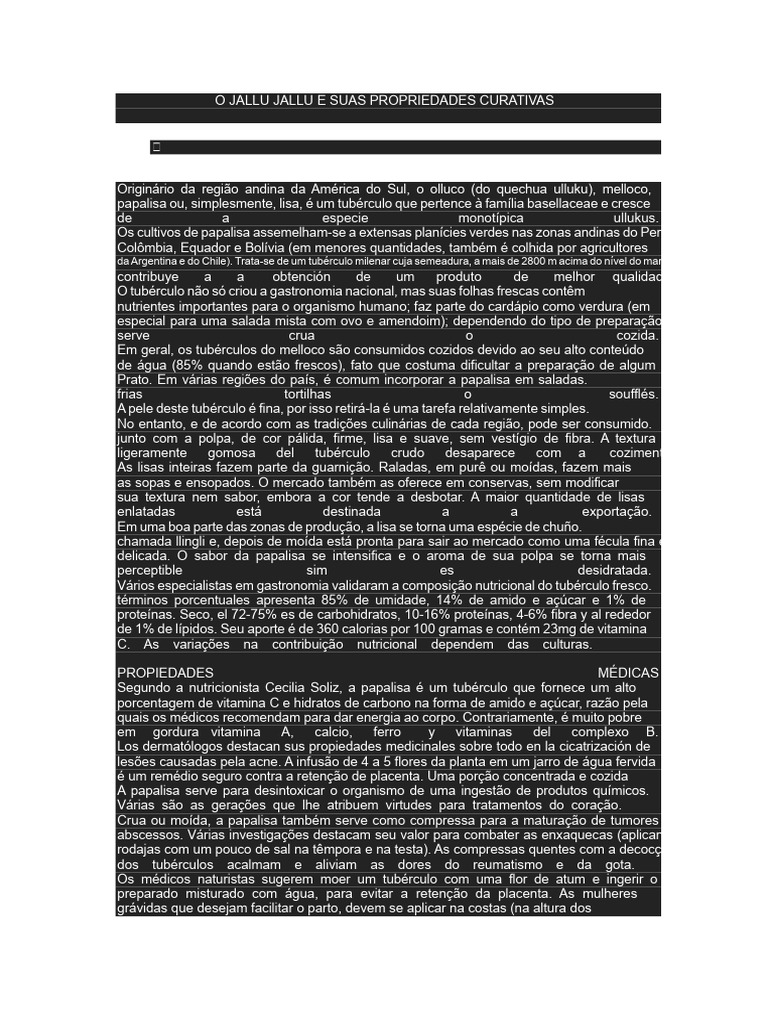 O Jallu Jallu e Suas Propriedades Curativas | PDF | Vitamina | Alimentos
