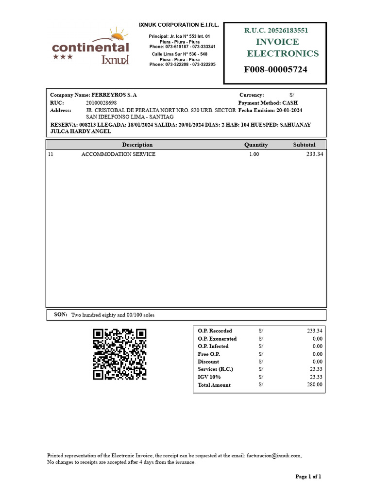 Hotel Invoice (F008-00005724) | PDF | Invoice | Receipt