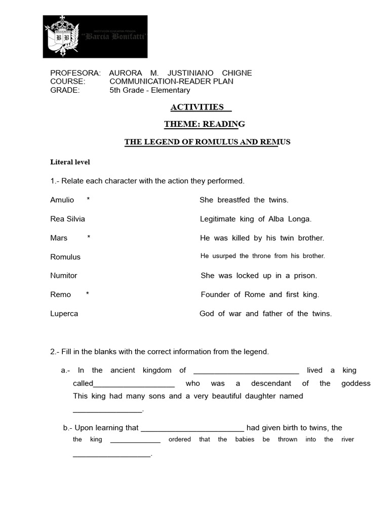 5th-Com-Me Reading The Legend of Romulus and Remus | PDF | Romulus And ...