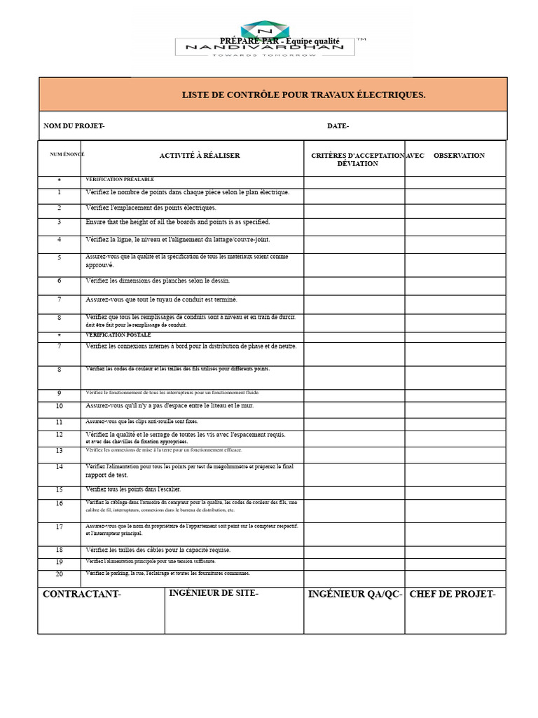Liste de contrôle pour travaux électriques | PDF