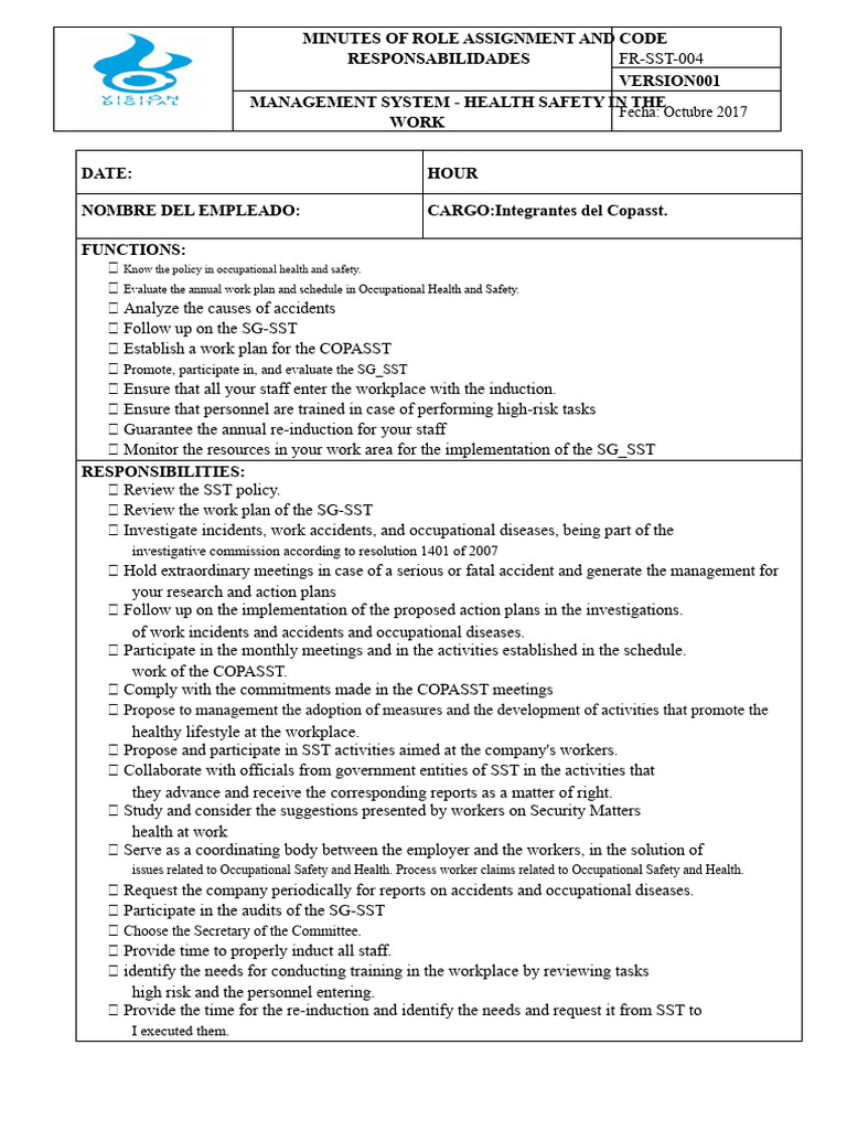 FR-SST-004 Record of Assignment of Roles and Responsibilities for COPASST | PDF | Occupational ...