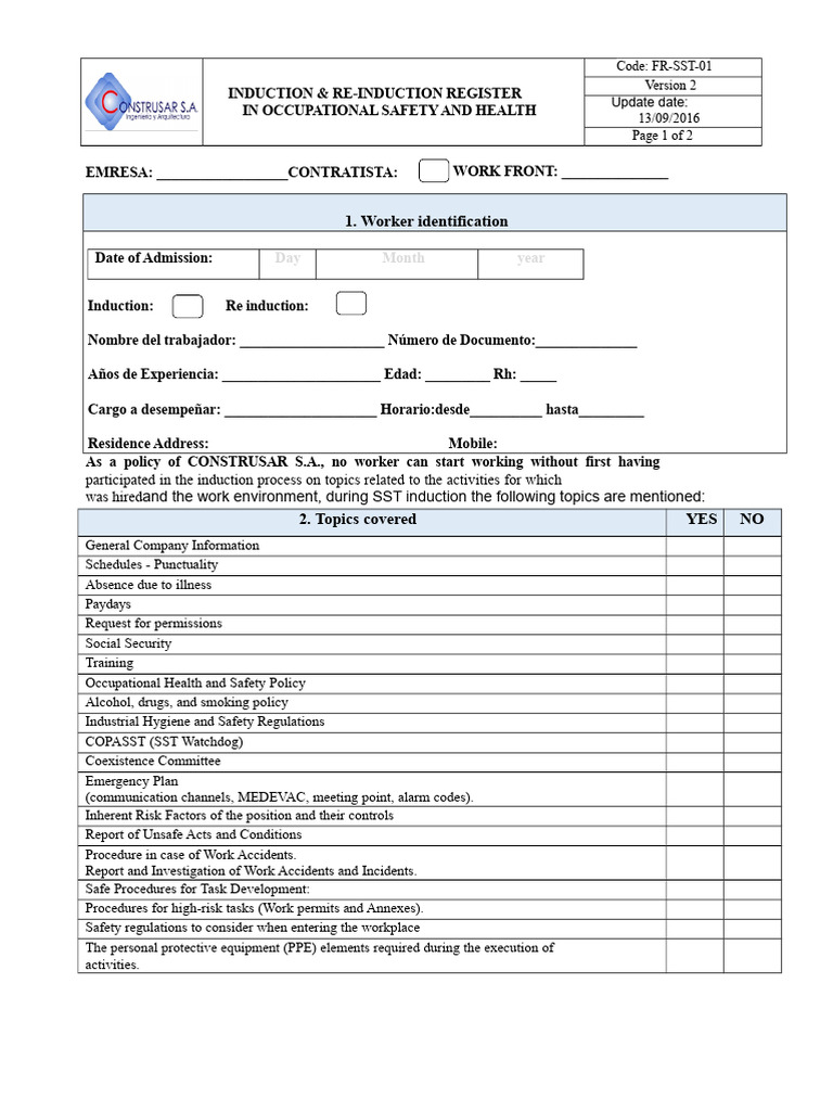 1.FR-SST-01 Induction Record for Personnel | PDF | Occupational Safety ...