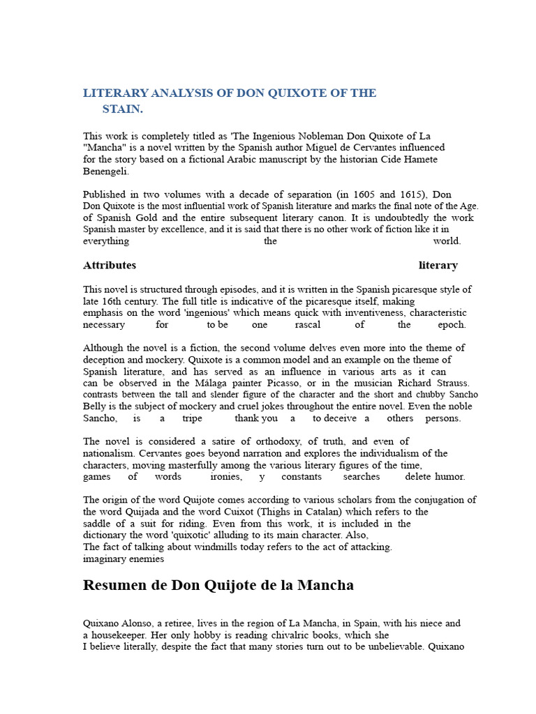 Literary Analysis of Don Quixote de La Mancha | PDF | Don Quixote ...