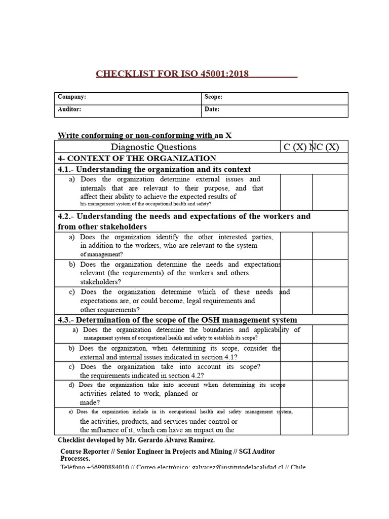 ISO 45001 Checklist | PDF | Occupational Safety And Health | Safety