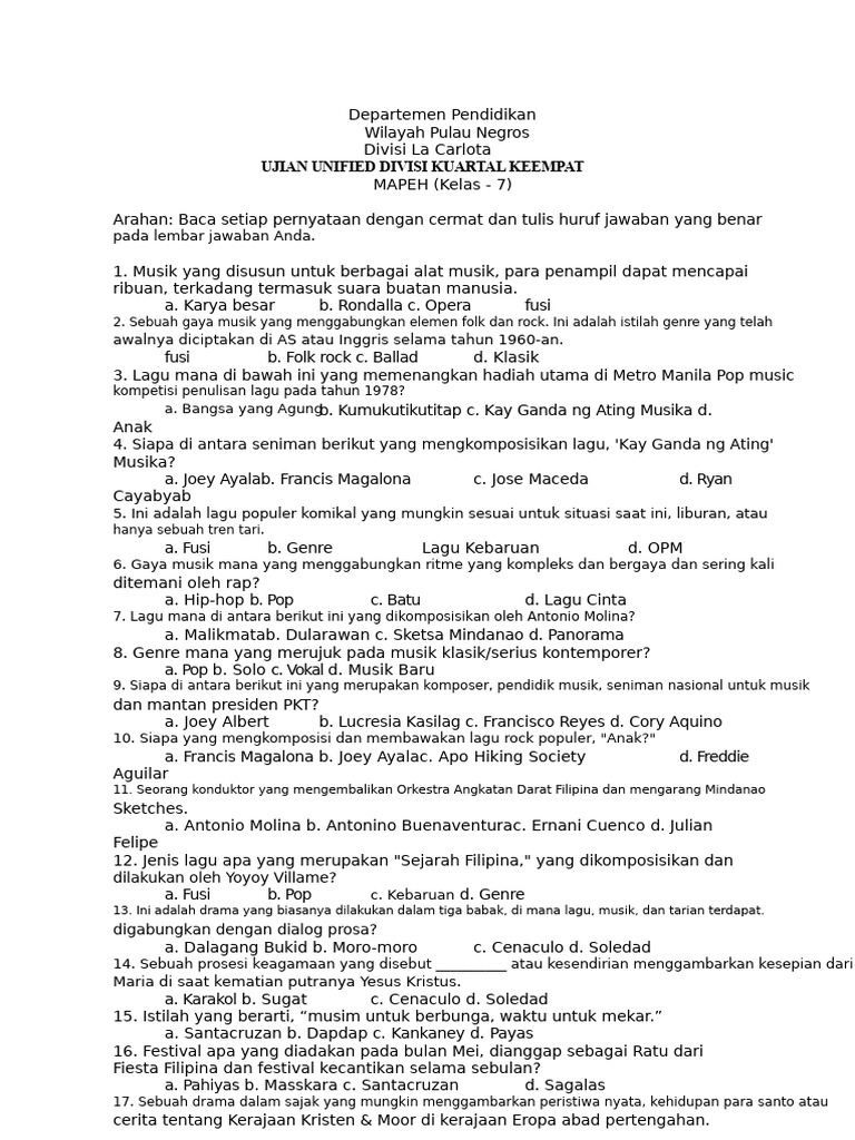 Ujian Mapeh G7 Kuartal Ke-4 | PDF
