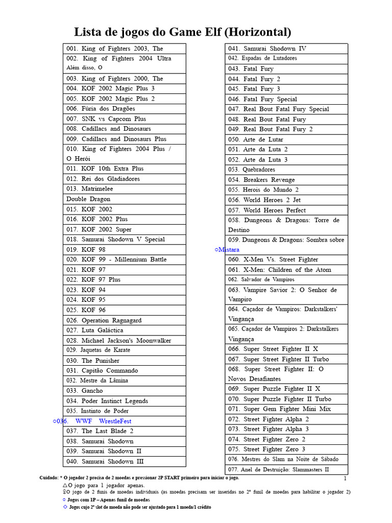 Lista Completa de Jogos do Game Elf | PDF | Jogos japoneses | Videogames