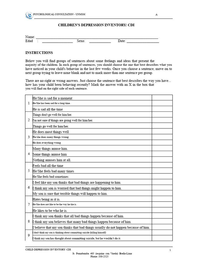 Children's Depression Inventory Guide | PDF | Psychological Concepts ...