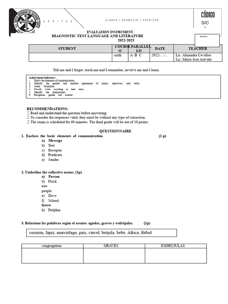 Diagnostic Test Language 6TH 2022-2023 | PDF | Grammatical Gender | Word