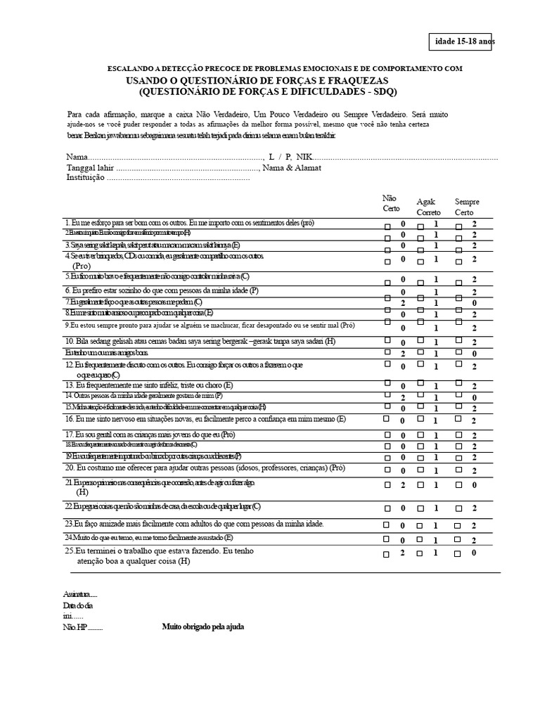 Avaliação Emocional e Comportamental SDQ | PDF