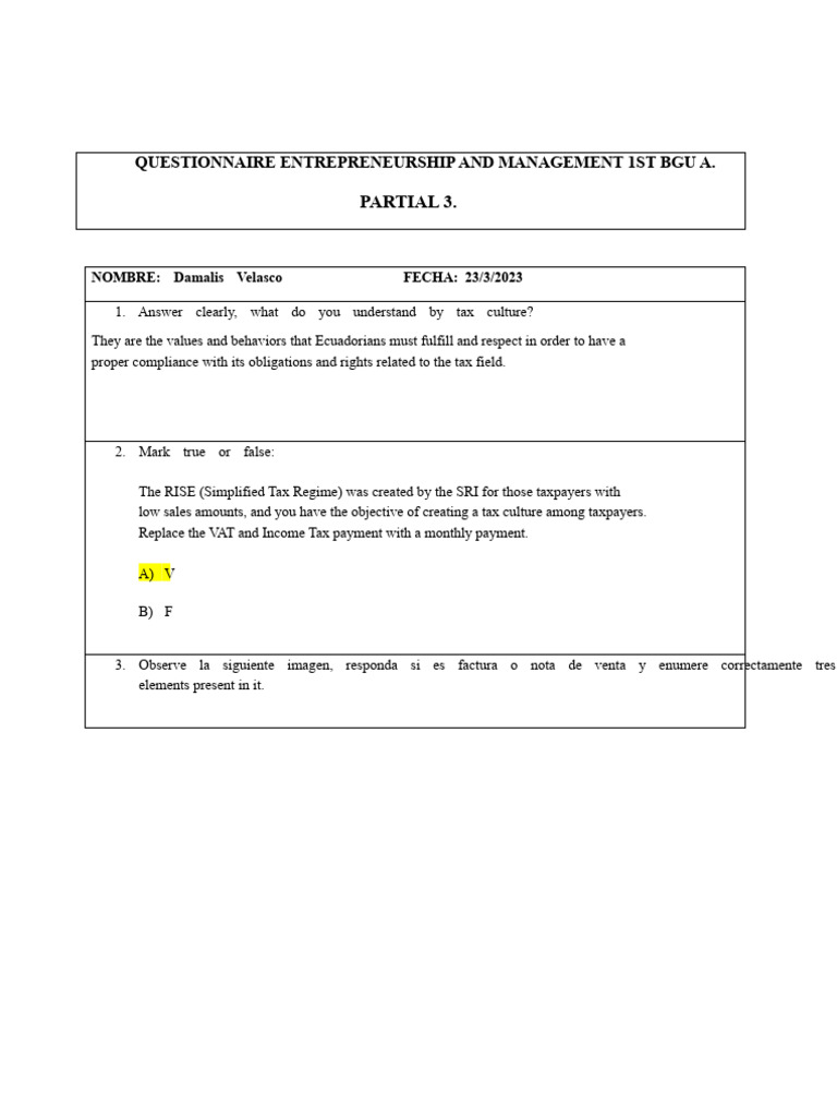 Entrepreneurship and Management Questionnaire 1st BGU. | PDF