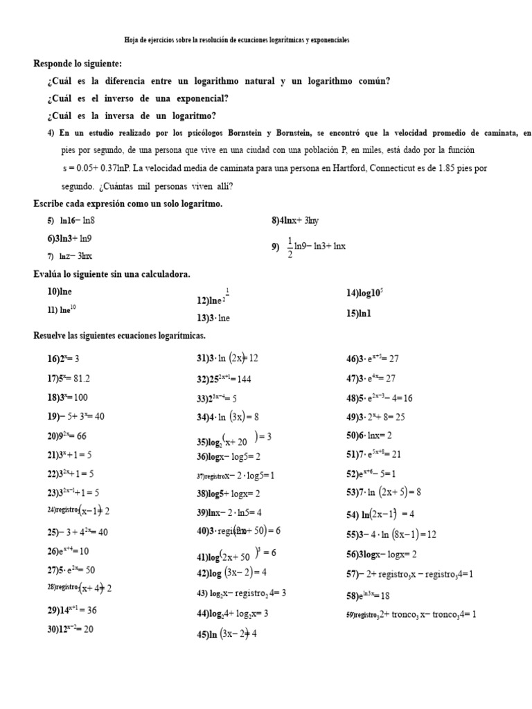 Hoja de trabajo sobre la resolución de ecuaciones logarítmicas y ...