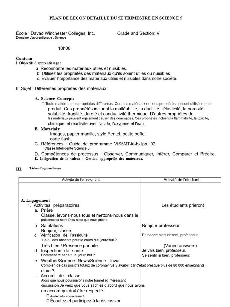 Plan de leçon Science 5 : Matériaux utiles et nuisibles | PDF ...