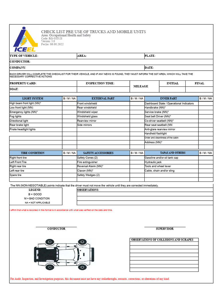 Truck and Mobile Unit Pre-Use Checklist | PDF | Vehicles | Motor Vehicle