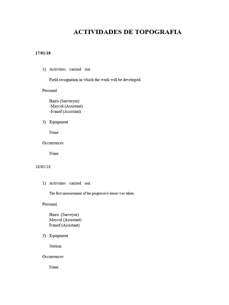 Topographic Survey Activities Log | PDF | Surveying | Geographic Data ...