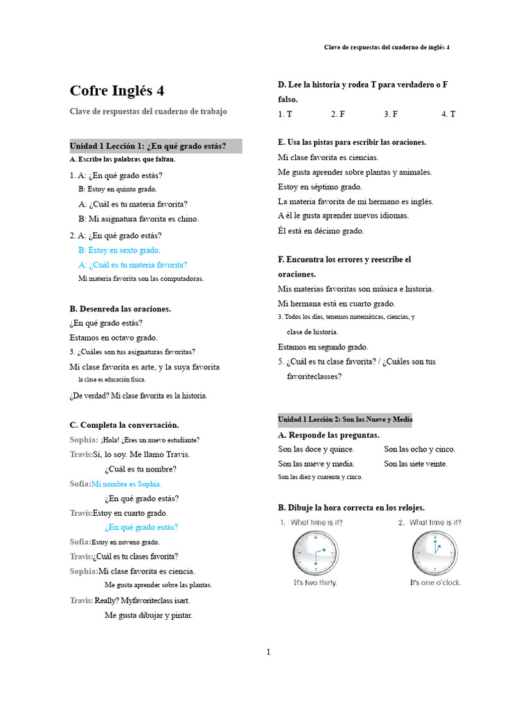 Clave de Respuestas Inglés 4 | PDF